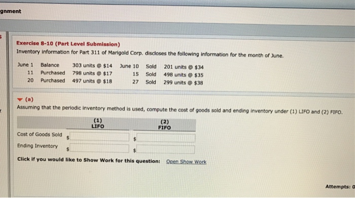 Solved gnment Exercise 8-10 (Part Level Submission) | Chegg.com