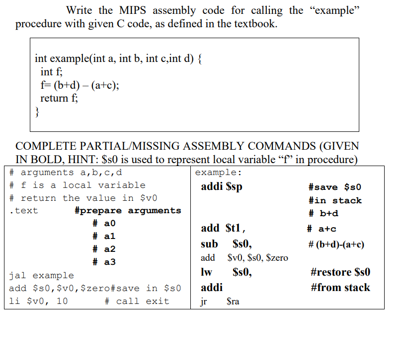 Solved Write the MIPS assembly code for calling the | Chegg.com