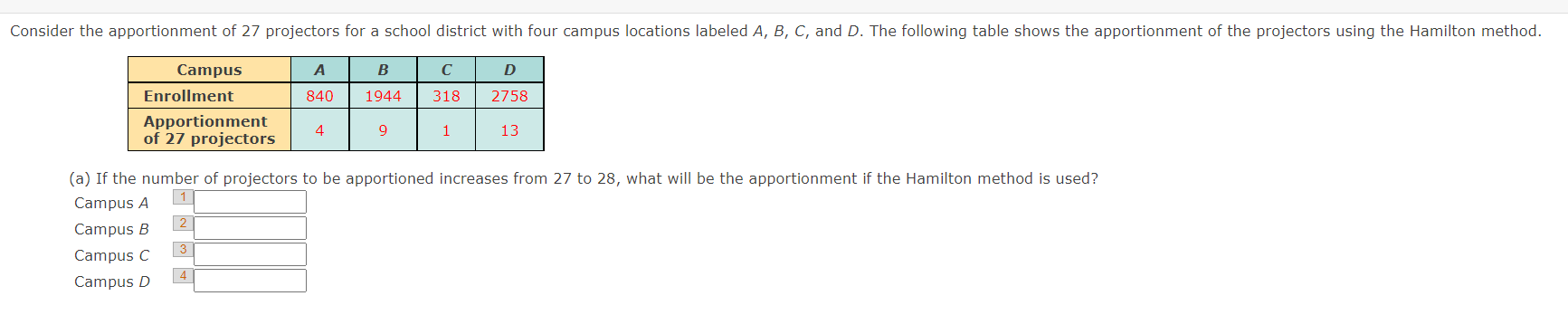 Solved Consider the apportionment of 27 projectors for a | Chegg.com
