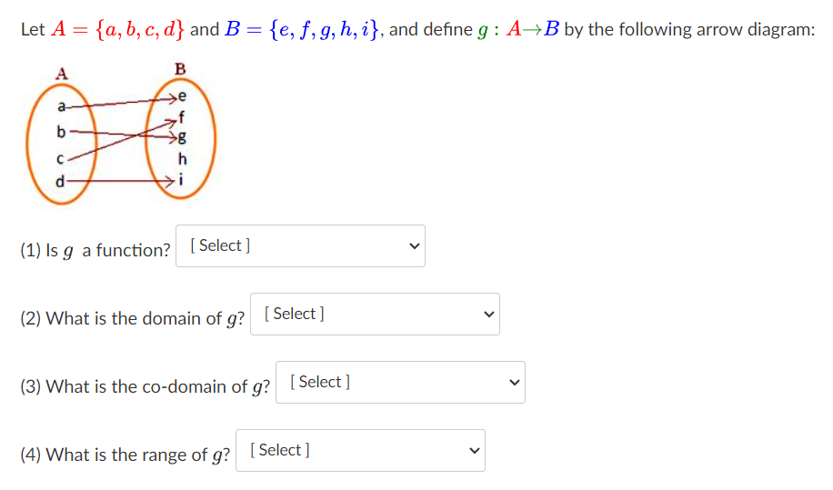 Solved Let A={a,b,c,d} and B={e,f,g,h,i}, and define g:A→B | Chegg.com
