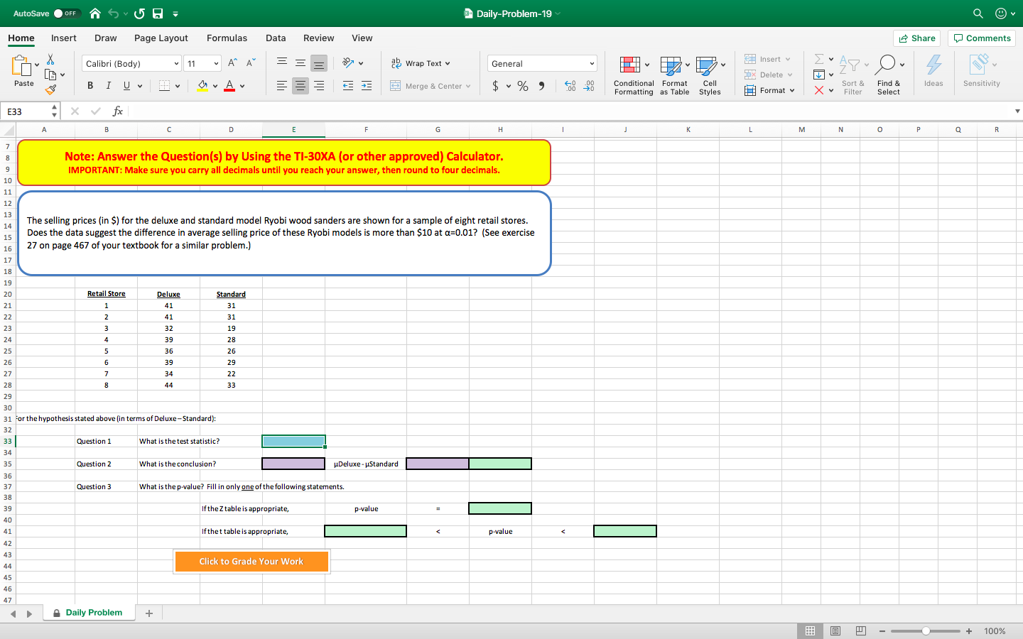 Solved AutoSave OFF A sro - Daily-Problem-19 Home Insert | Chegg.com