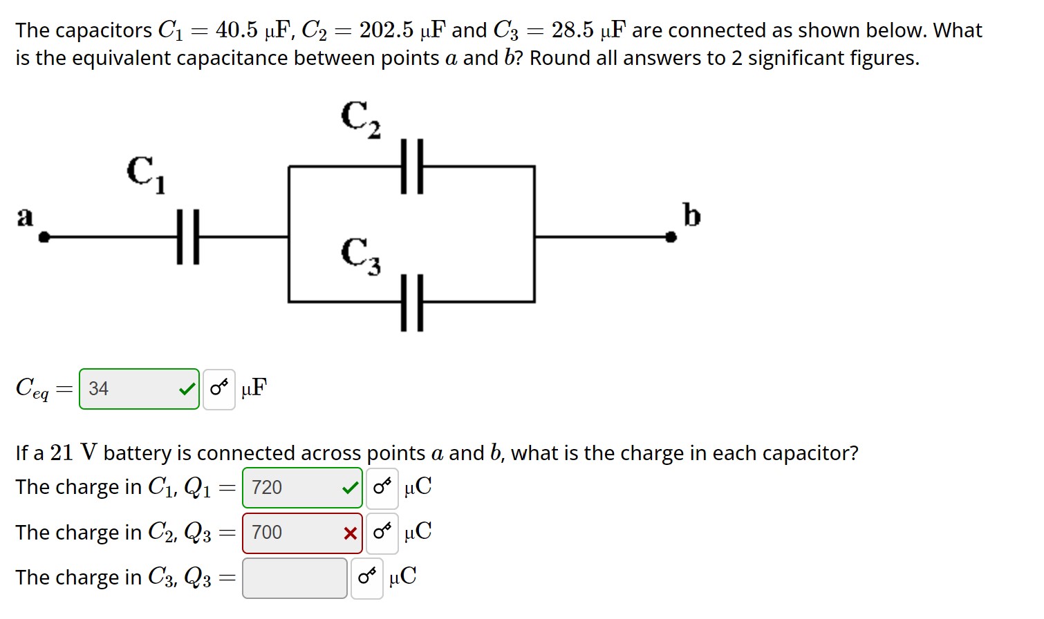 Solved The capacitors C1=40.5μF,C2=202.5μF and C3=28.5μF are | Chegg.com