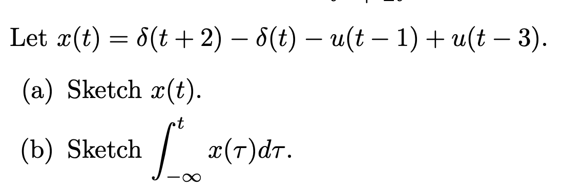 Solved Let x(t) = δ(t + 2) − δ(t) − u(t − 1) + u(t − 3). (a) | Chegg.com Solved Let x(t) = δ(t + 2) − δ(t) − u(t − 1) + u(t − 3). (a) | Chegg.com