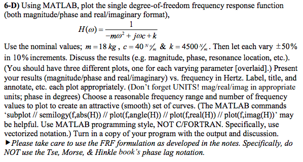 Solved 6 D Using Matlab Plot The Single Degree Of Freedom 