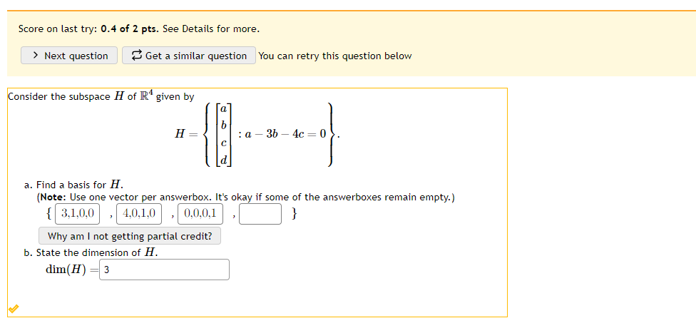 Solved Consider the subspace H of R4 ﻿given | Chegg.com