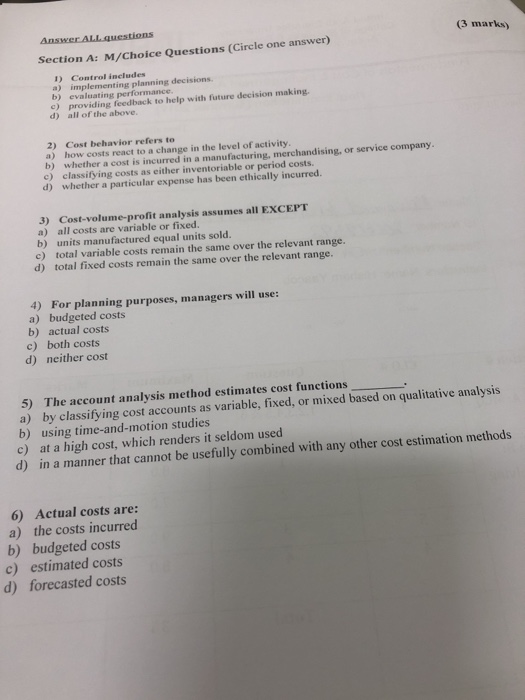Solved Answer ALL questions (3 marks) Section A: M/Choice | Chegg.com