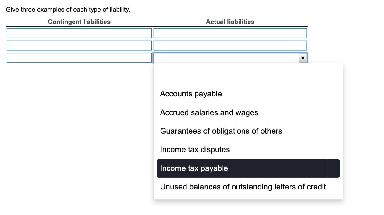 Solved Give three examples of each type of liability. | Chegg.com