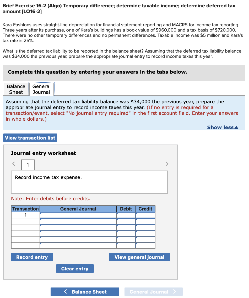 Solved Brief Exercise 16-2 (Algo) Temporary difference; | Chegg.com