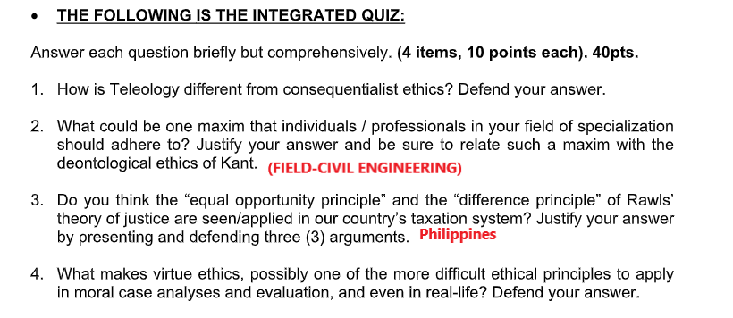 Solved THE FOLLOWING IS THE INTEGRATED QUIZ: Answer each | Chegg.com