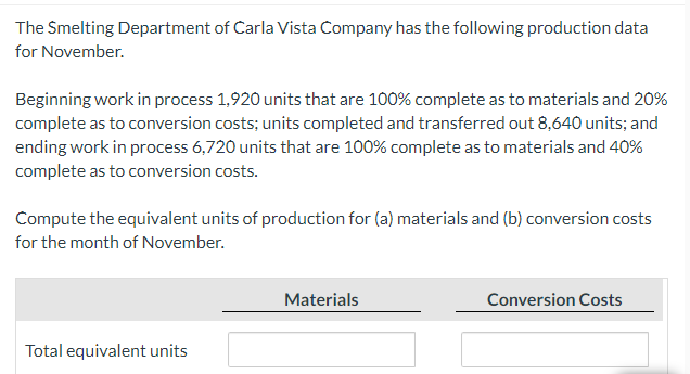 Solved The Smelting Department of Carla Vista Company has | Chegg.com