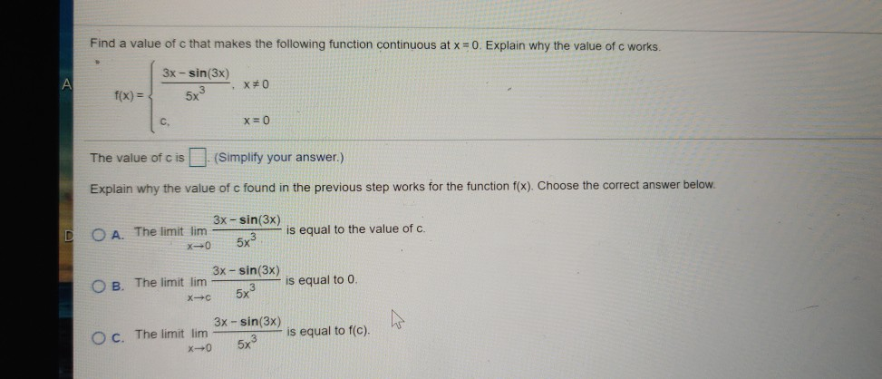 Solved Find a value of c that makes the following function | Chegg.com