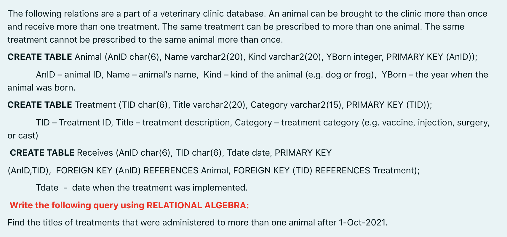 Solved The following relations are a part of a veterinary | Chegg.com