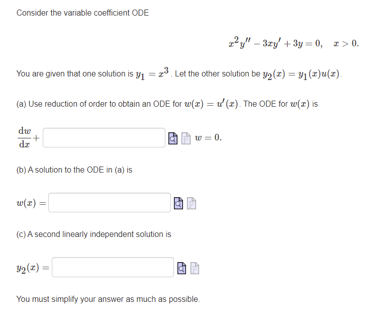 Solved Consider the variable coefficient ODE 22y" – 3xy' | Chegg.com