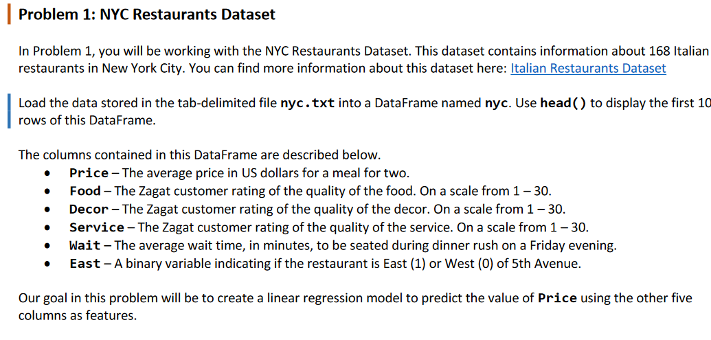 Solved Problem 1: NYC Restaurants Dataset In Problem 1, you | Chegg.com