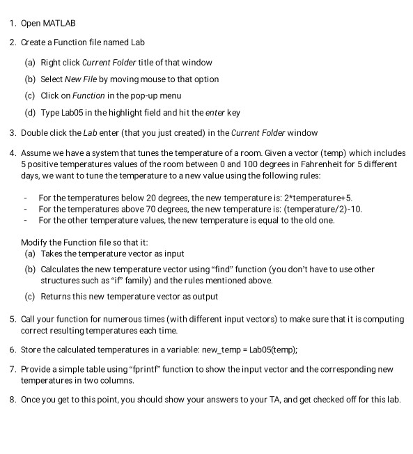 Solved 1. Open MATLAB 2. Create a Function file named Lab | Chegg.com