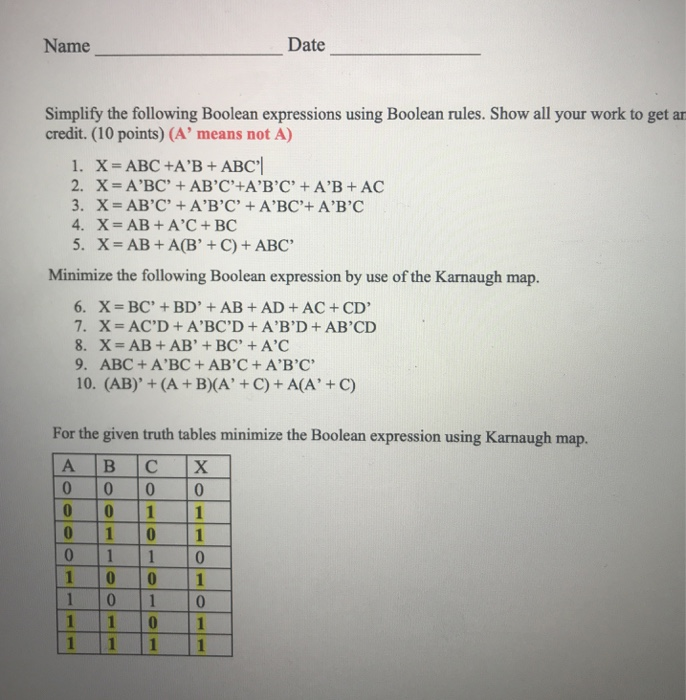 Solved Name Date Simplify the following Boolean expressions | Chegg.com