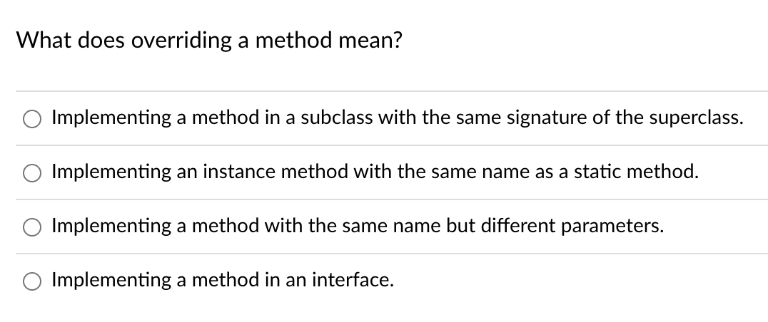 Solved What does overriding a method mean? O Implementing a | Chegg.com