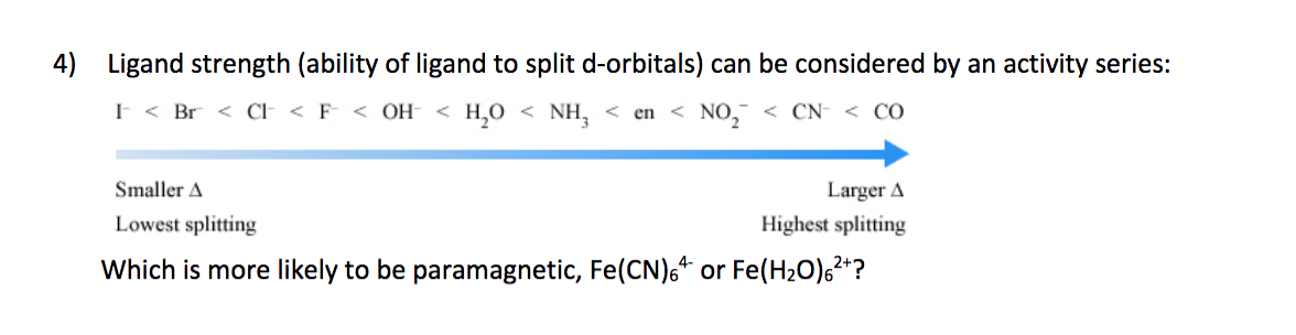 Solved 4) Ligand strength (ability of ligand to split | Chegg.com