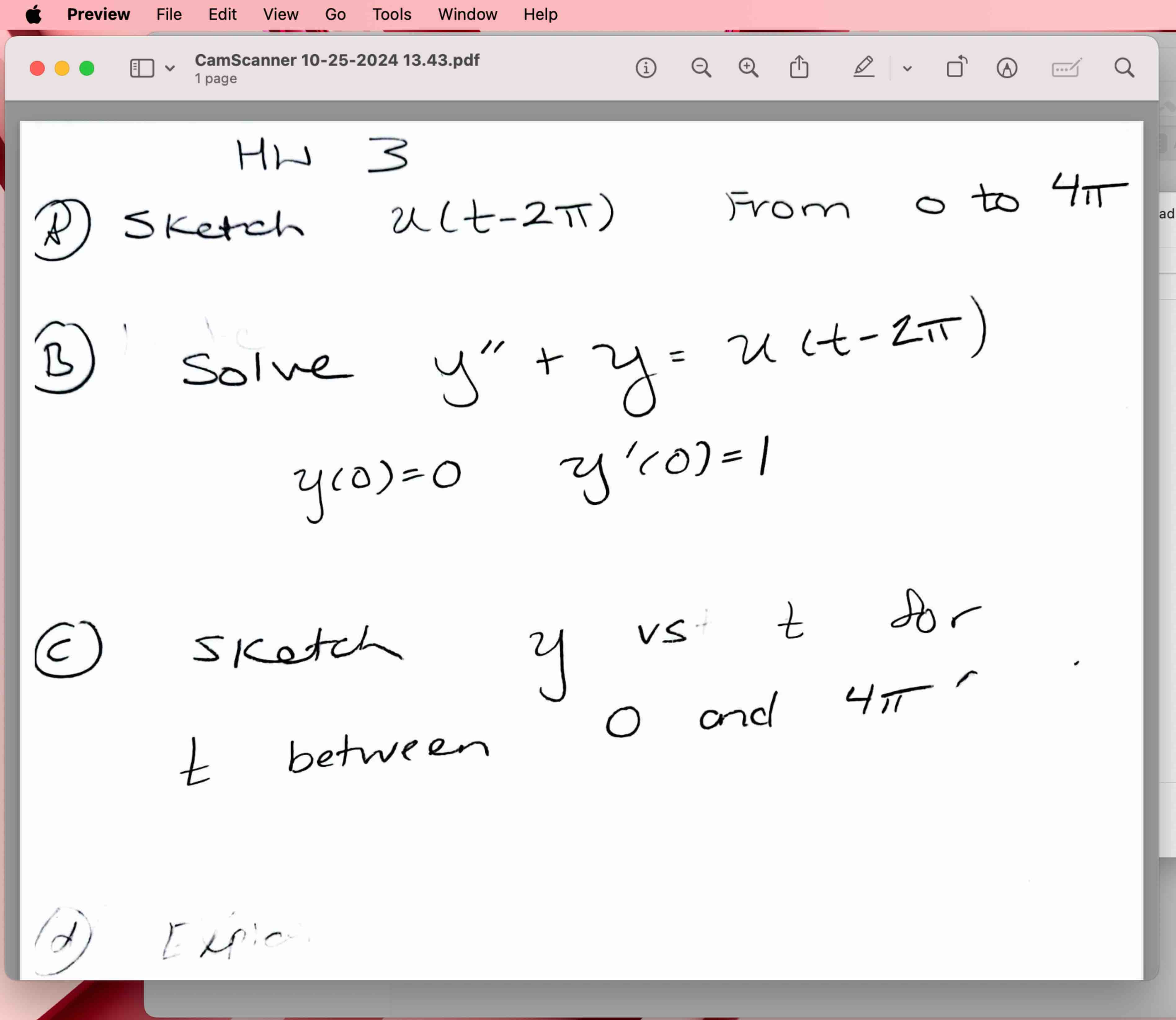 Solved Hw 3(A) ﻿Sketch u(t-2π) ﻿from 0 to 4π(B) ﻿Solve | Chegg.com