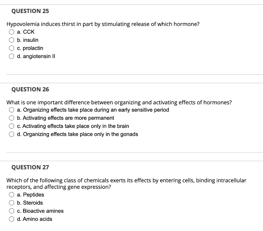 Solved QUESTION 25 Hypovolemia induces thirst in part by | Chegg.com