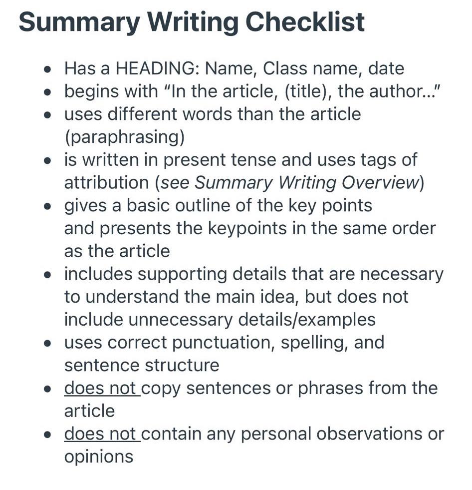 Solved Summary Writing Checklist • Has a HEADING: Name, | Chegg.com