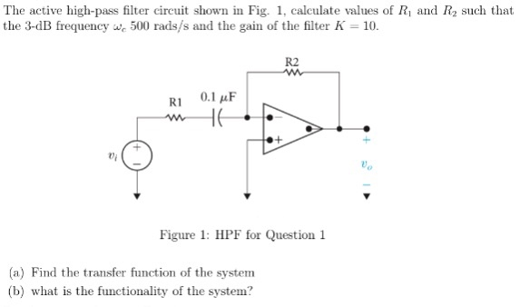 Solved The active high-pass filter circuit shown in Fig. 1, | Chegg.com