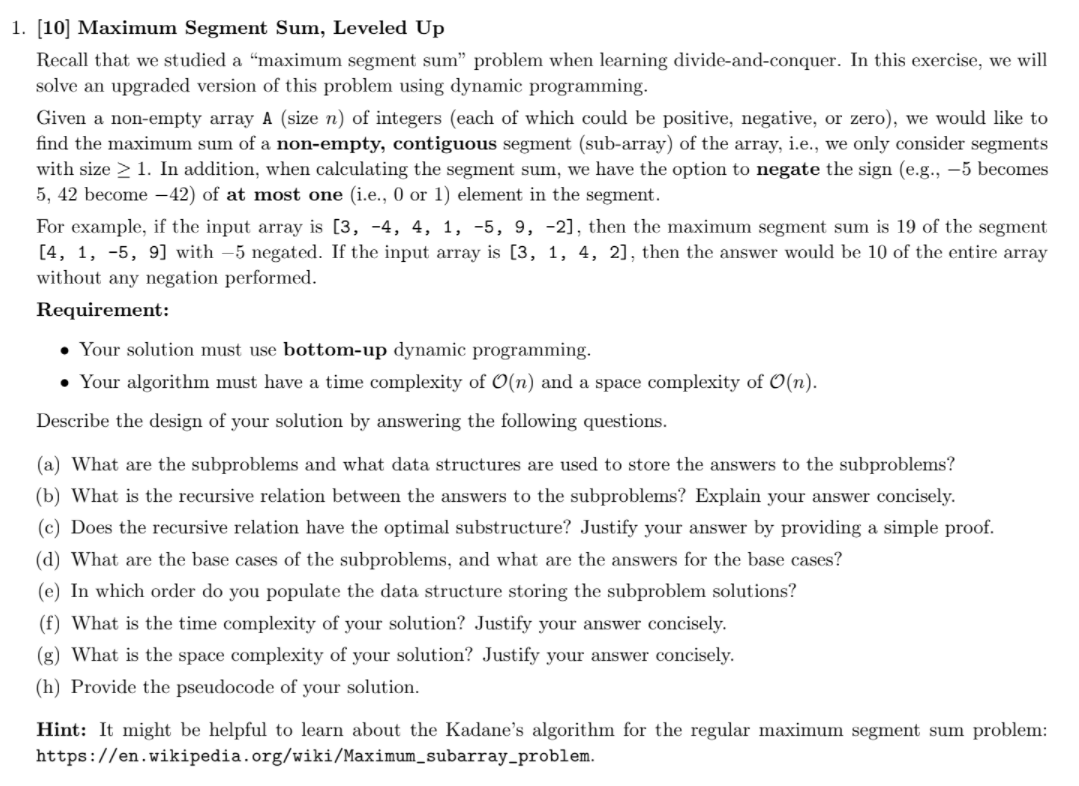 1. (10) Maximum Segment Sum, Leveled Up Recall that | Chegg.com