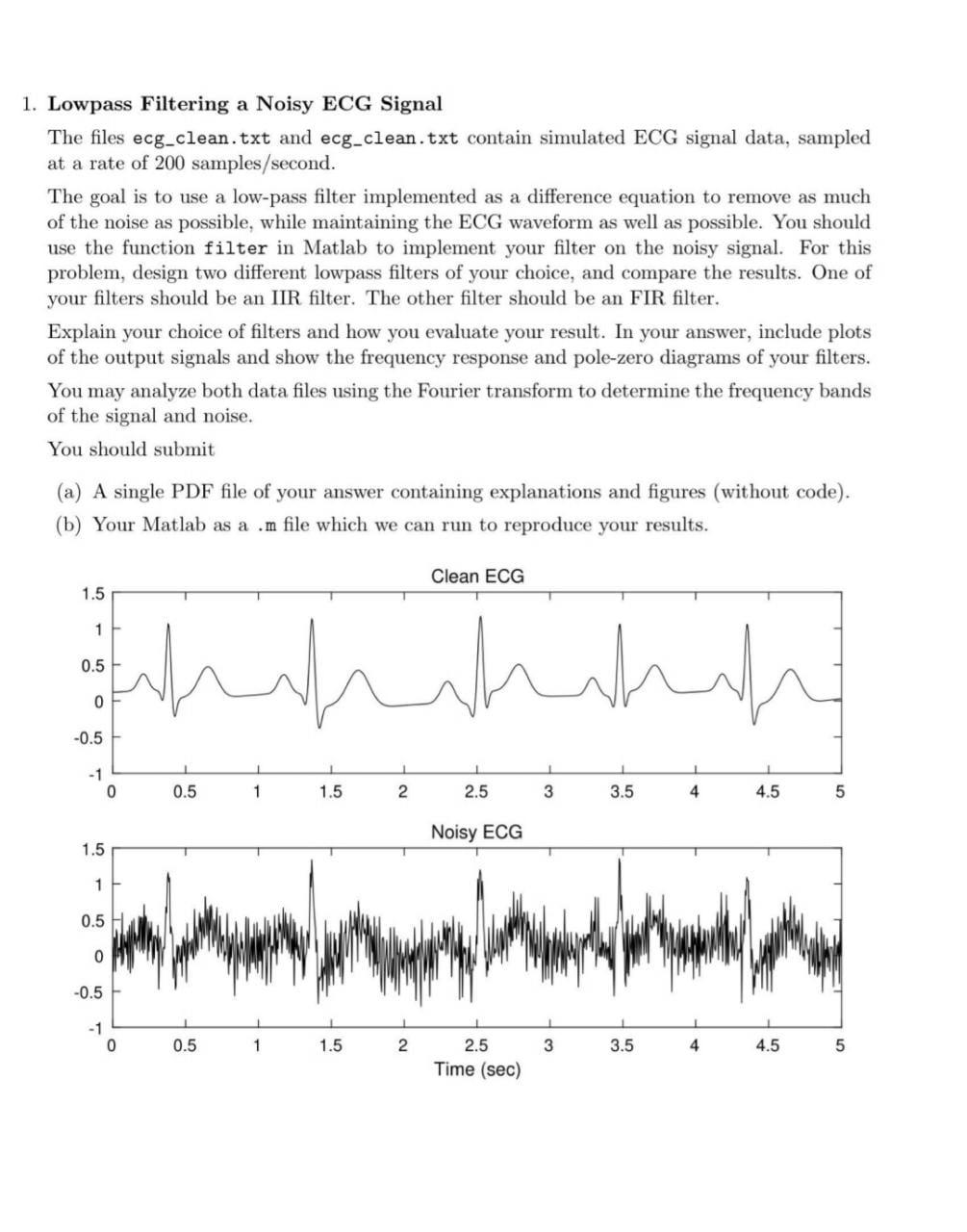 1. Lowpass Filtering a Noisy ECG Signal The files | Chegg.com