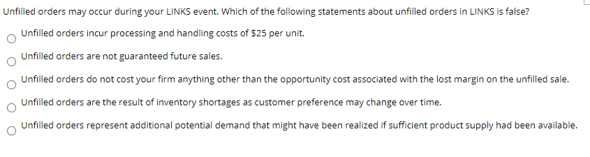 Solved Unfilled orders may occur during your LINKS event. | Chegg.com