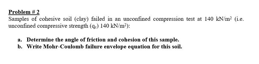 Solved Problem #2 Samples of cohesive soil (clay) failed in | Chegg.com