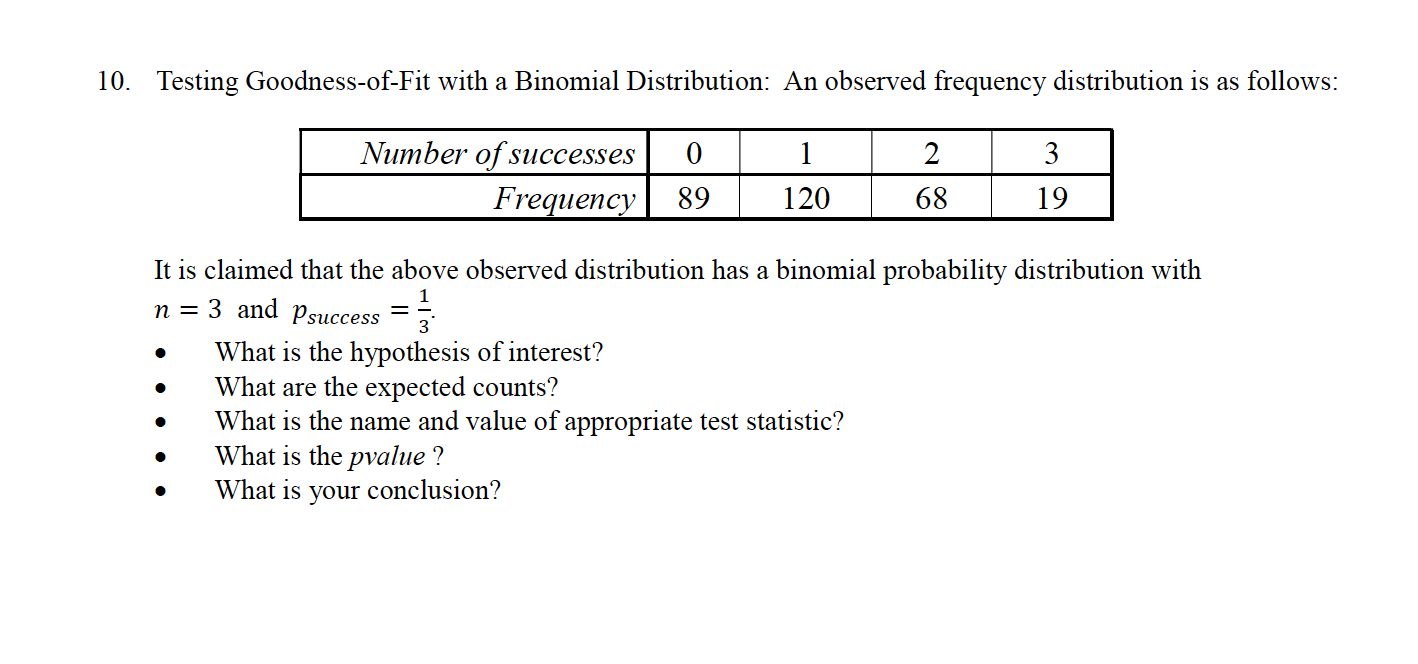 Solved 10. Testing Goodness-of-Fit with a Binomial | Chegg.com