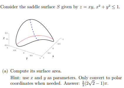 Solved Consider the saddle surface S given by z=xy,x2+y2≤1. | Chegg.com