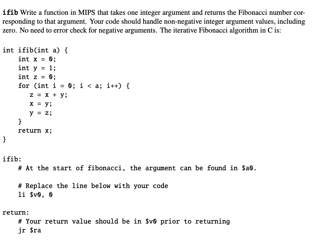 Solved ifib Write a function in MIPS that takes one integer | Chegg.com
