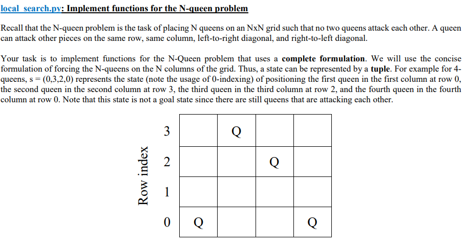 Solved ocal search.py: Implement functions for the N-queen | Chegg.com