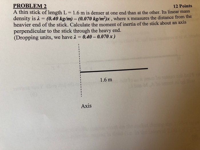 Solved PROBLEM 2 A thin stick of length L 1.6 m is denser at | Chegg.com