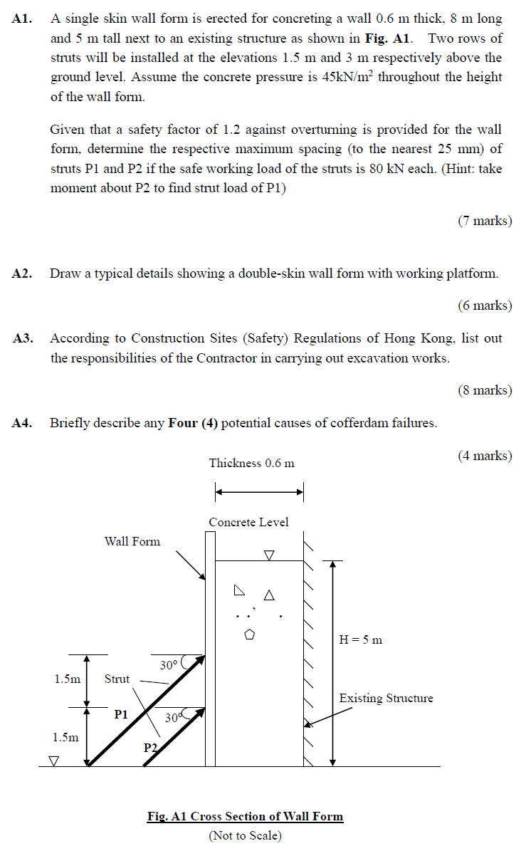 Solved A1. A single skin wall form is erected for concreting | Chegg.com