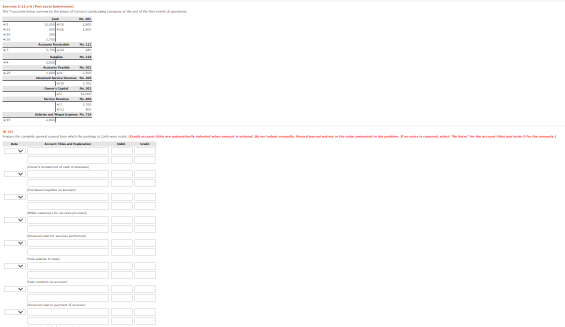 Solved Exercise 2-12-(Part Level Submission) The accounts | Chegg.com