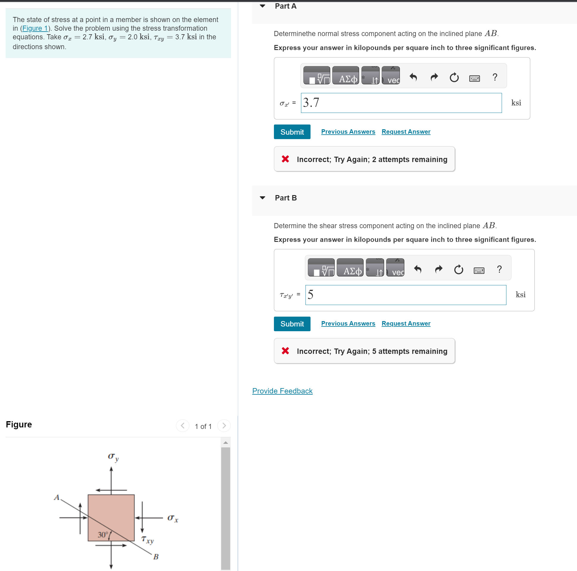Solved The state of stress at a point in a member is shown | Chegg.com