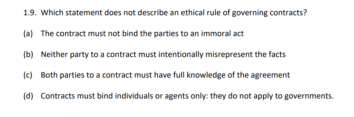 Solved 1.9. Which statement does not describe an ethical | Chegg.com