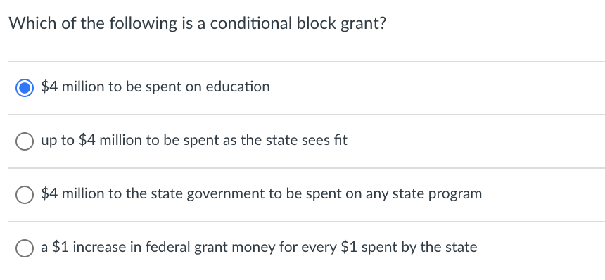 Solved Which of the following is a conditional block grant? | Chegg.com