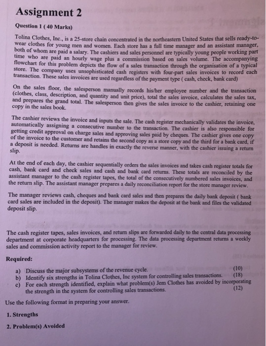 Solved Assignment 2 Question 1 (40 Marks) Tolina Clothes, | Chegg.com