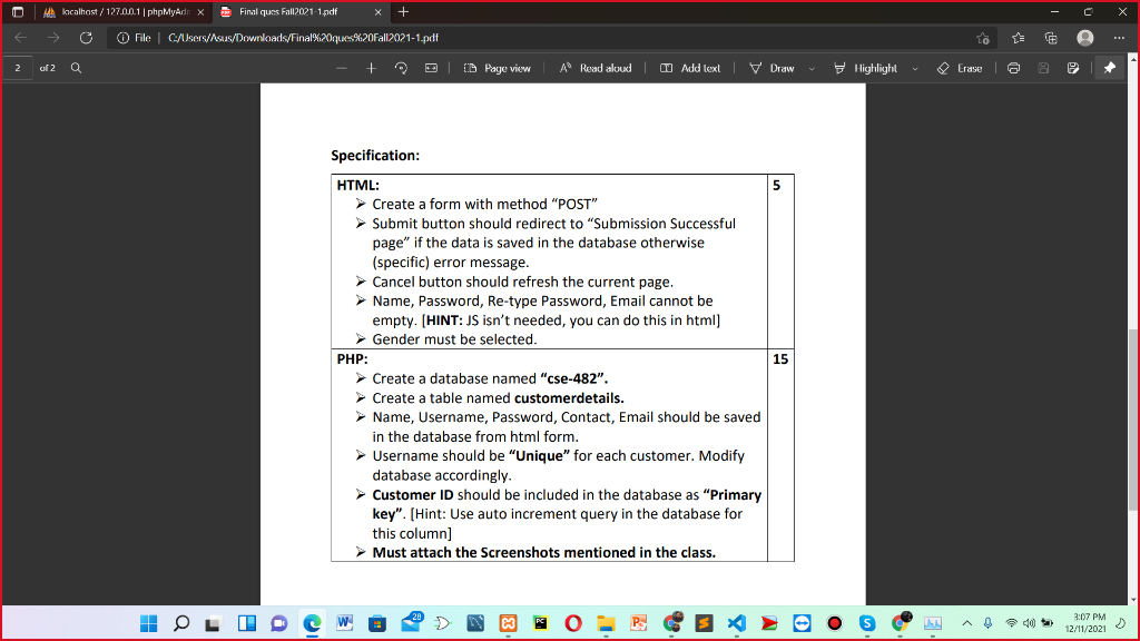 Solved He localhost / 127.0.0.1 | phpMyAde X Final ques | Chegg.com