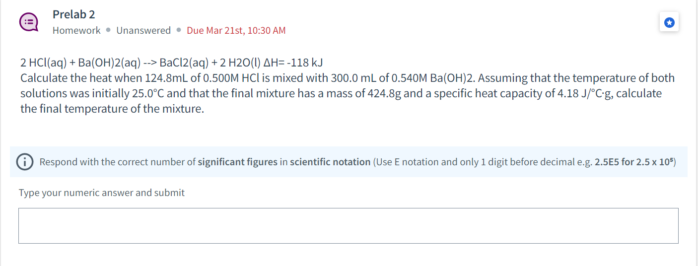 Solved 2HCl(aq)+Ba(OH)2(aq)−>BaCl2(aq)+2H2O(l)ΔH=−118 kJ | Chegg.com