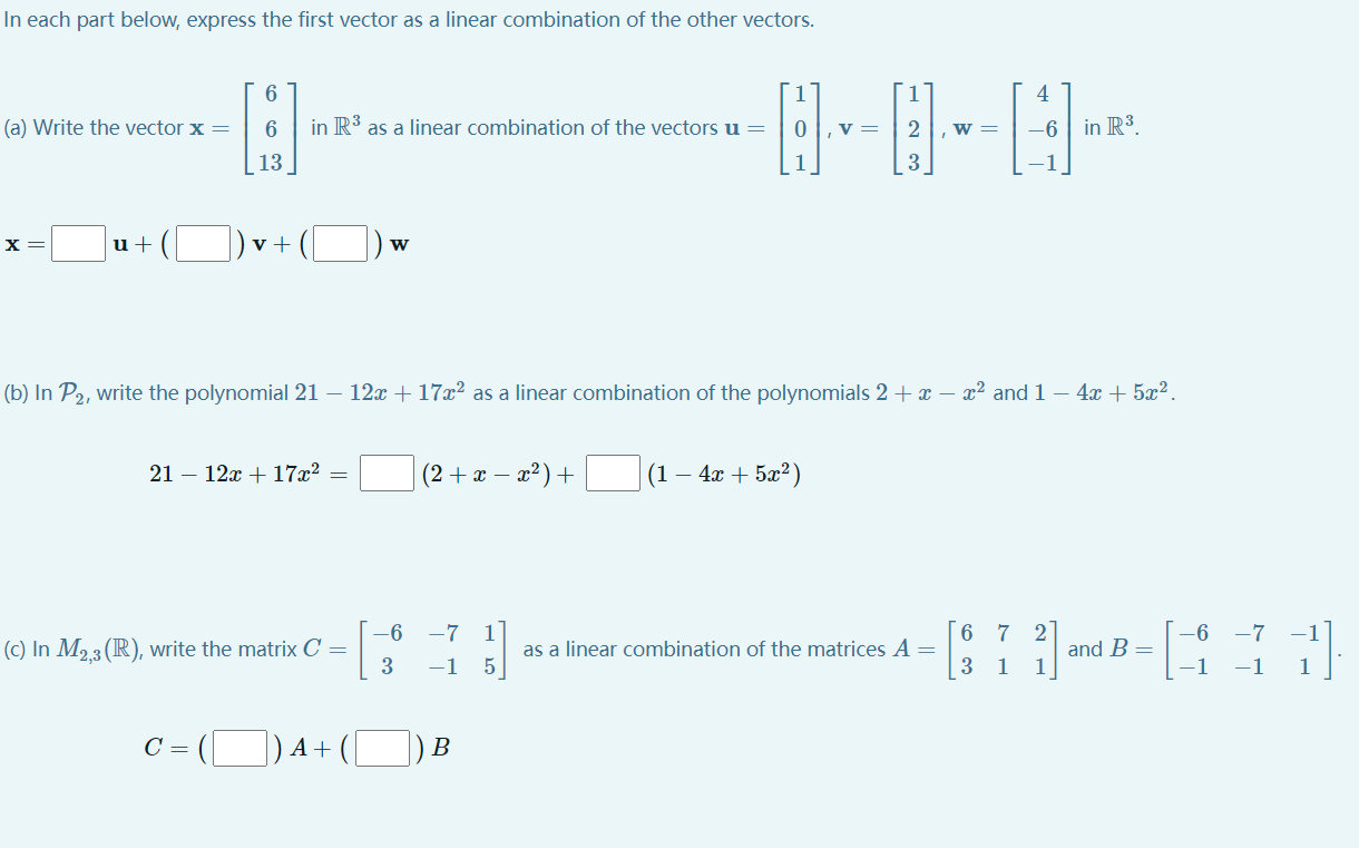 Solved In each part below, express the first vector as a | Chegg.com