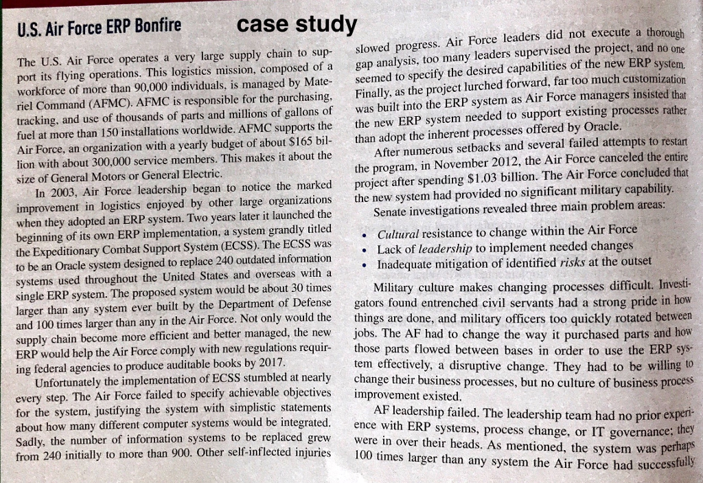 Solved U.S. Air Force ERP Bonirec case study The U.S. Air | Chegg.com