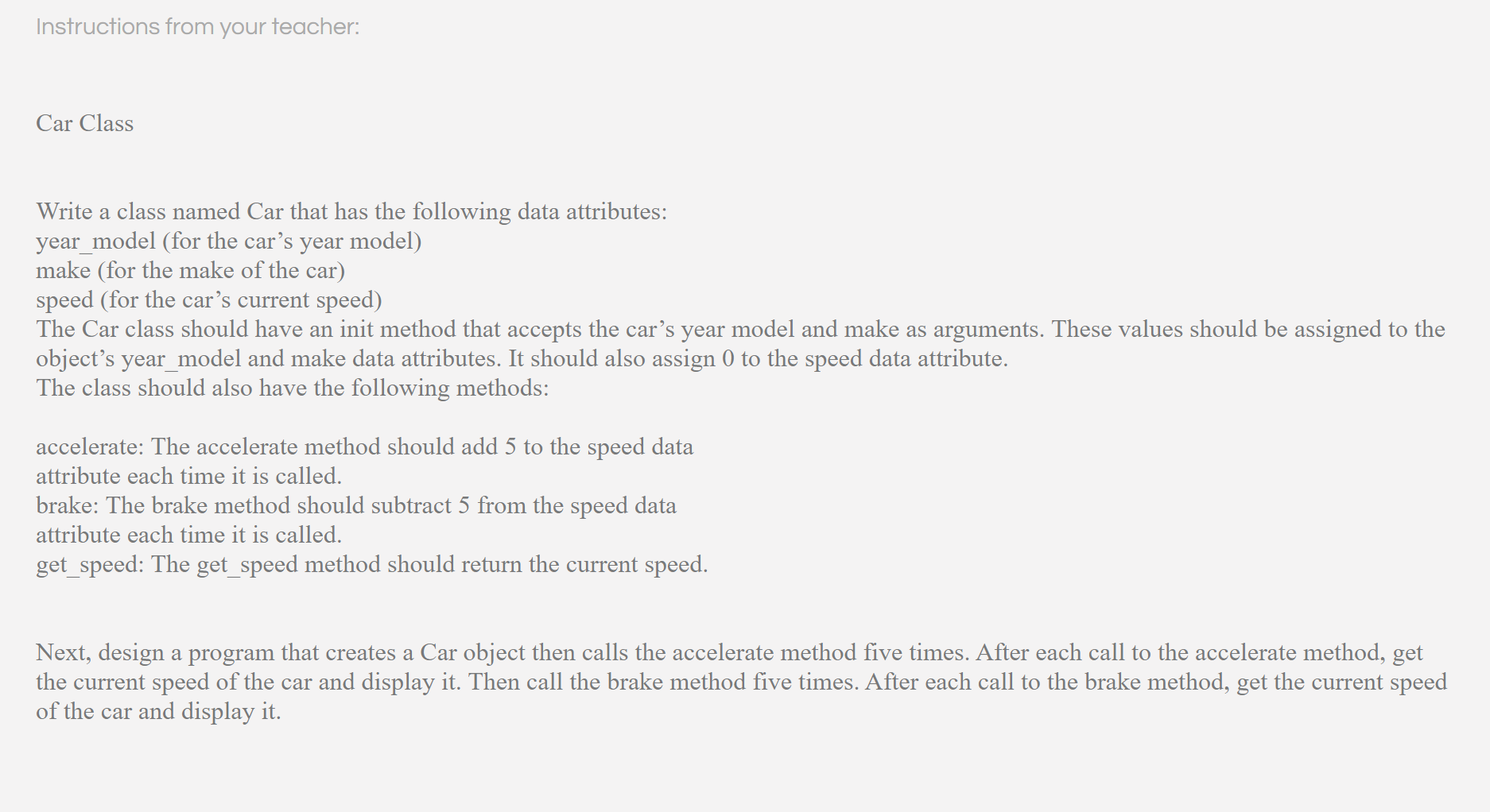 Solved Instructions from your teacher: Car Class Write a | Chegg.com