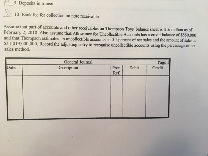 Solved 9. Deposits in transit 10. Bankfoefor collection on | Chegg.com
