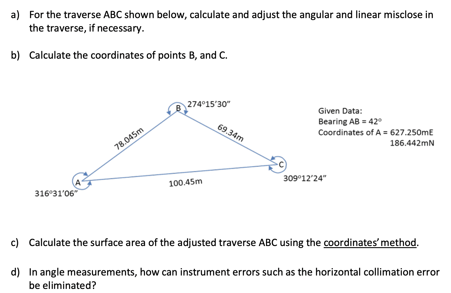 Solved a) For the traverse ABC shown below, calculate and | Chegg.com