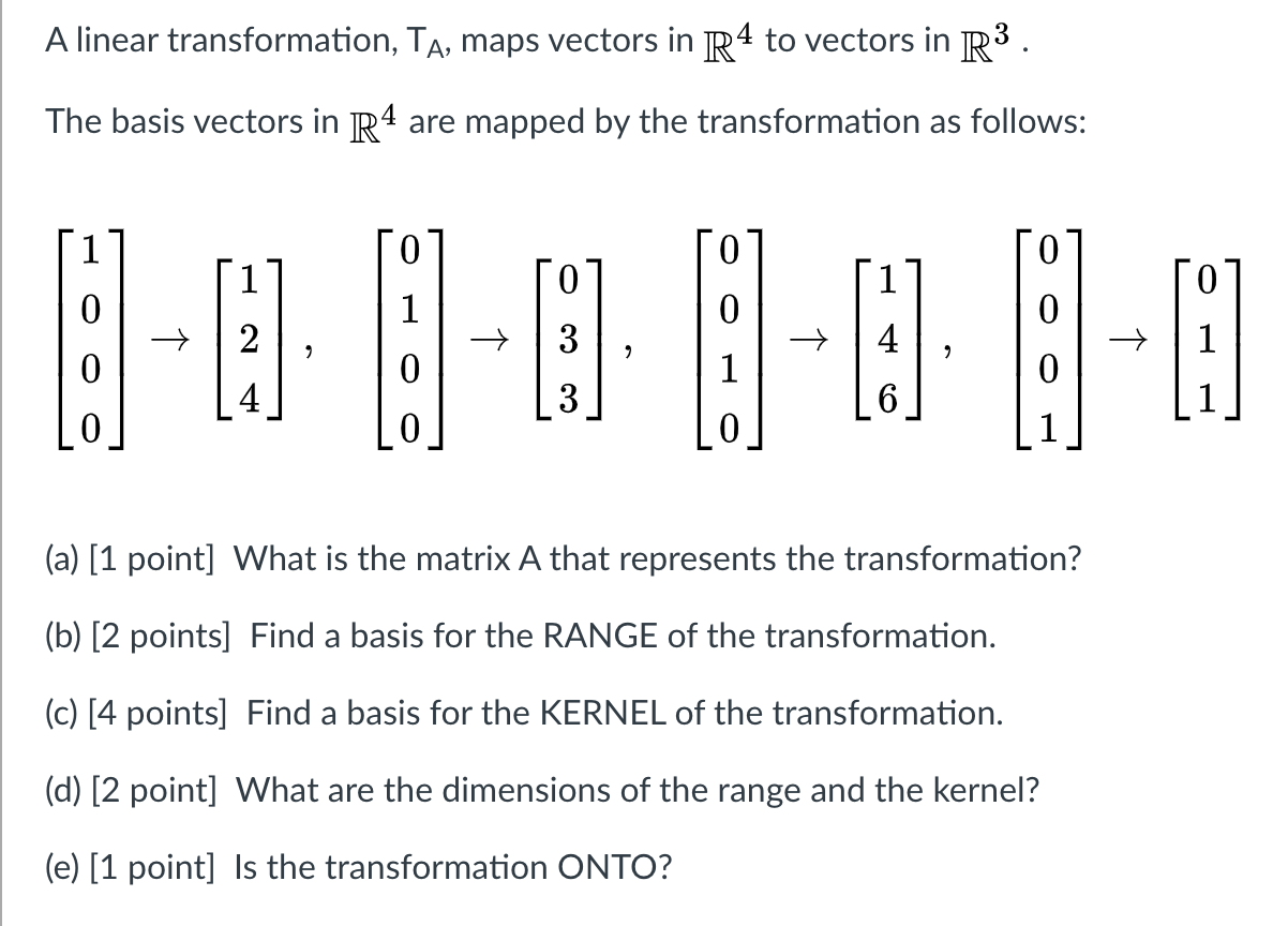 Solved A linear transformation, Ta, maps vectors in R4 to | Chegg.com