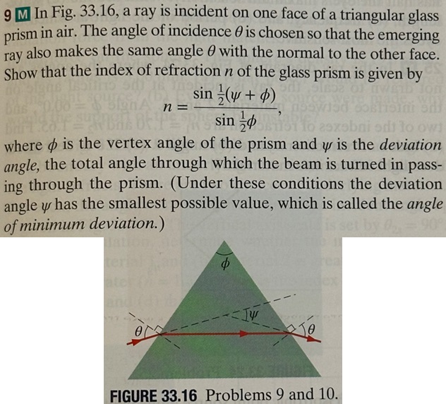 Solved 9 M In ﻿Fig. 33.16, ﻿a ray is ﻿incident on ﻿one face | Chegg.com